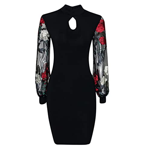 Floral Mesh Long Sleeve Wrap Dress Womens Hole Crewneck Patchwork Slim Mini Dress Printed Elegant Prom Dress Black