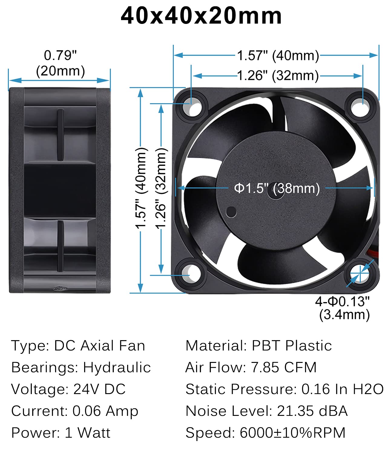 GDSTIME 40mm Brushless Cooling Fan, 40mm x 40mm x 20mm 24V Dc Fan 6000RPM