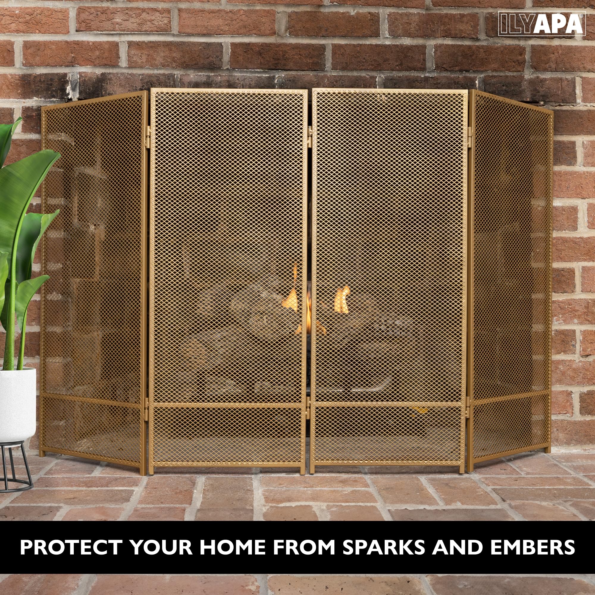 Ilyapa 4-Panel Metal Fireplace Screen for Wood Burning Fireplaces & Gas - Gold - 48 x 29 Inch - Durable Steel Mesh Spark Guard, Easy Fold Panels for Storage, Decorative Fireplace Decor For Living Room