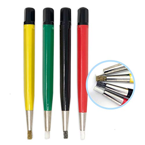 Pixiss Scratch Brush Pen Set with Replacement Tips, Fiberglass, Steel, Brass, Nylon, 5-inches Pen Style Prep Sanding Brush 4-Pack for Corrosion, Rust, Jewelry, Circuit Boards and Auto Body Work