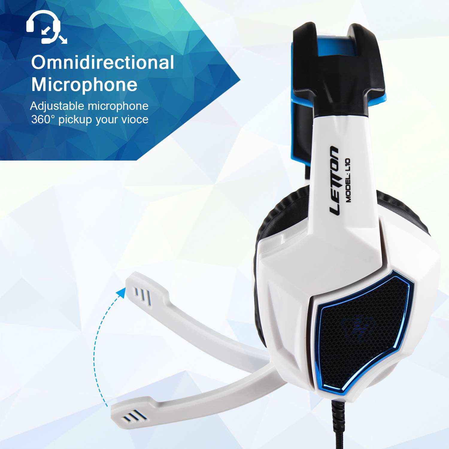 LETTON L10 USB Gaming Headset Stereo Over Ear Wired Headphones Noise Canceling PC Mac Headphones with Microphone and Deep Bass Volume Control (White)
