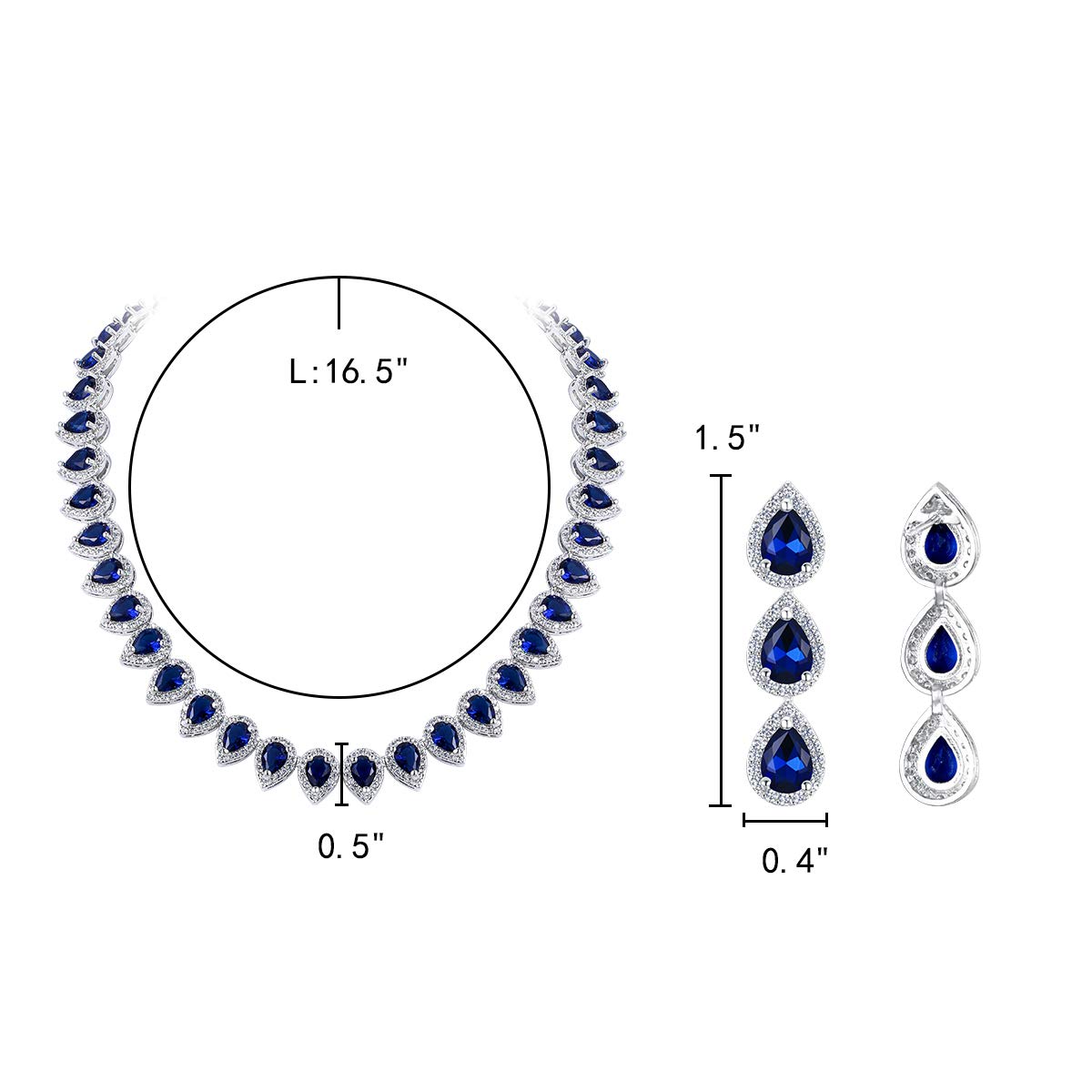 EleQueen Women's Silver-Tone Full Prong Cubic Zirconia Teardrop Bridal Necklace Earrings Set Sapphire Color