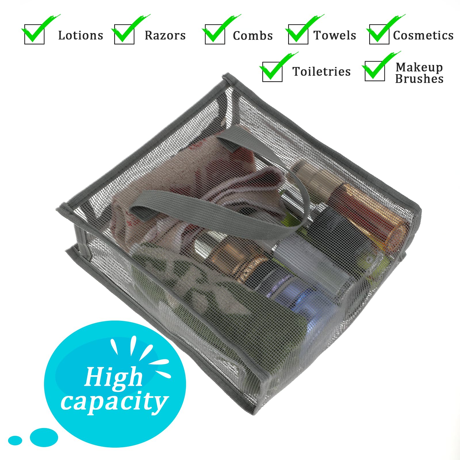 Mozeat Lens Mesh Shower Bag Grey Portable Mesh Shower Caddy Quick-Dry Tote Bag Dorm Toiletry Organizer Gym Shower Mesh Bag for Gym Travel Camping College Dorm Room Bathroom