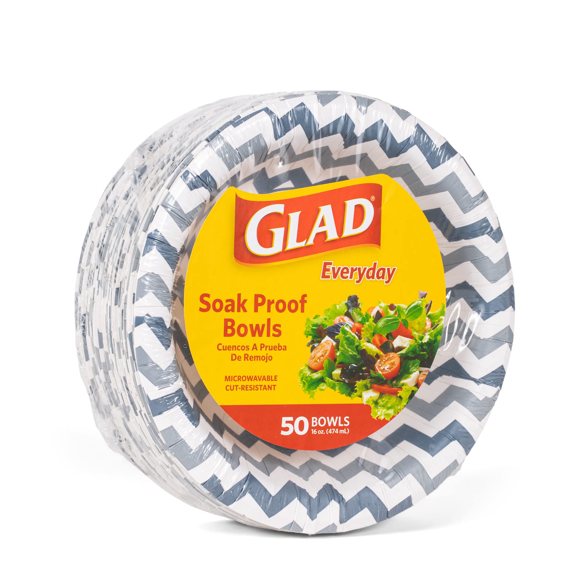 Glad 16 oz Disposable Paper Bowls with Chevron Design, 50 ct | Disposable Bowls for Parties & Picnics and Everyday Use | Microwave Safe, Soak Proof Paper Bowls from Glad