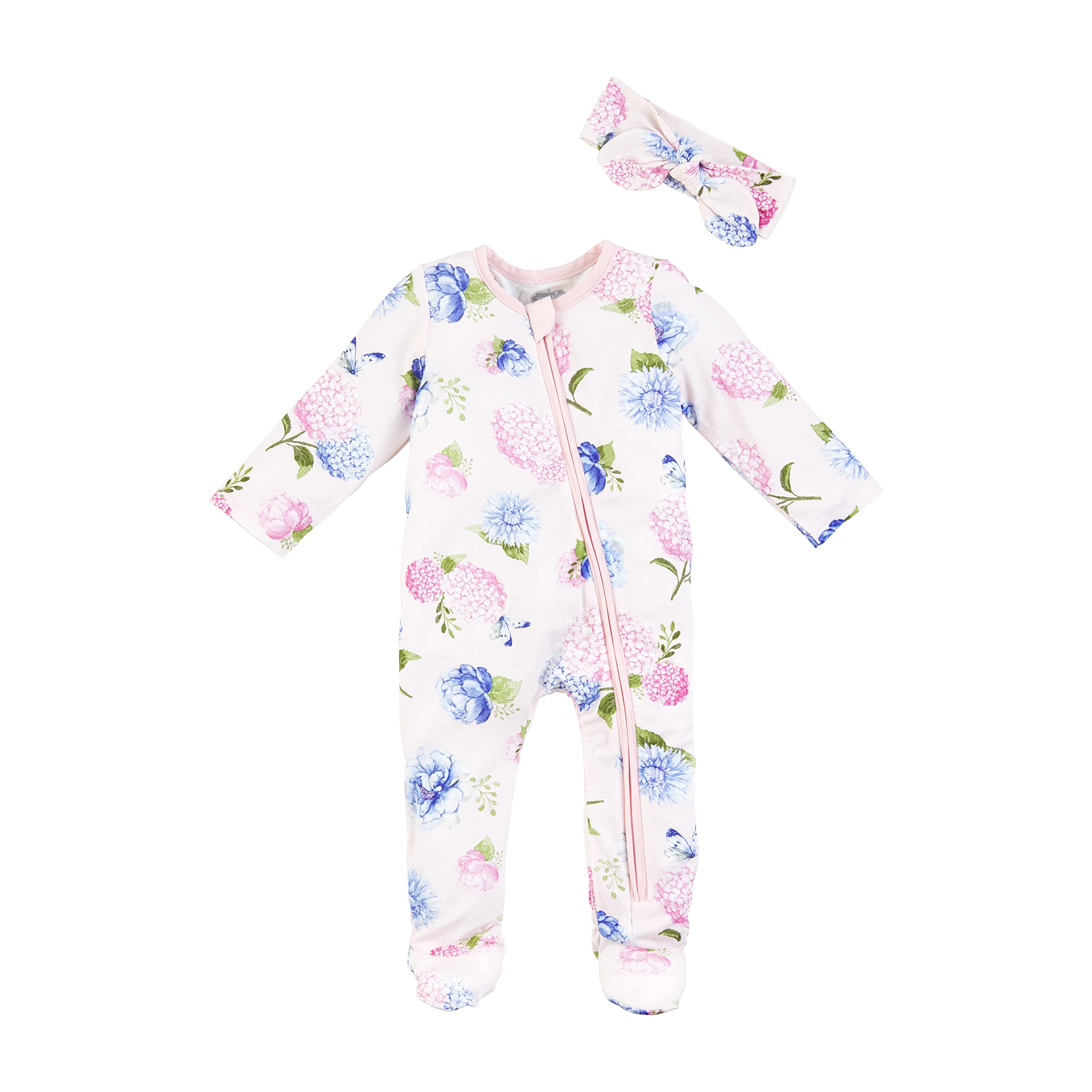 Mud Pie Baby Girl Sleeper & Headband Set, Pink Hydrangea, 3 Months