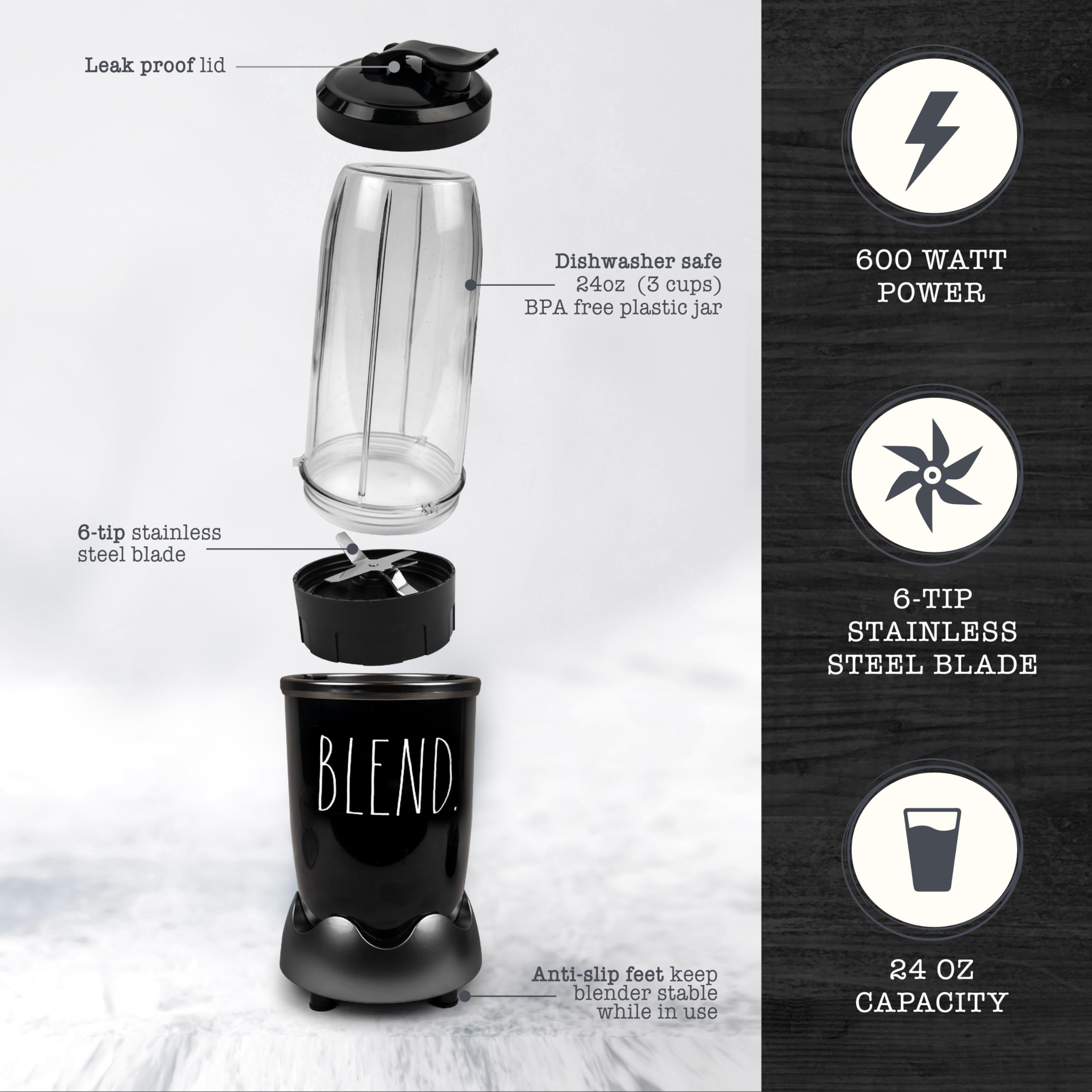 Rae Dunn Personal Blender 600W | 24oz Capacity | BPA-Free Jar | Crushes Ice | Leak-Proof | Anti-Slip Feet | Dishwasher Safe, Black