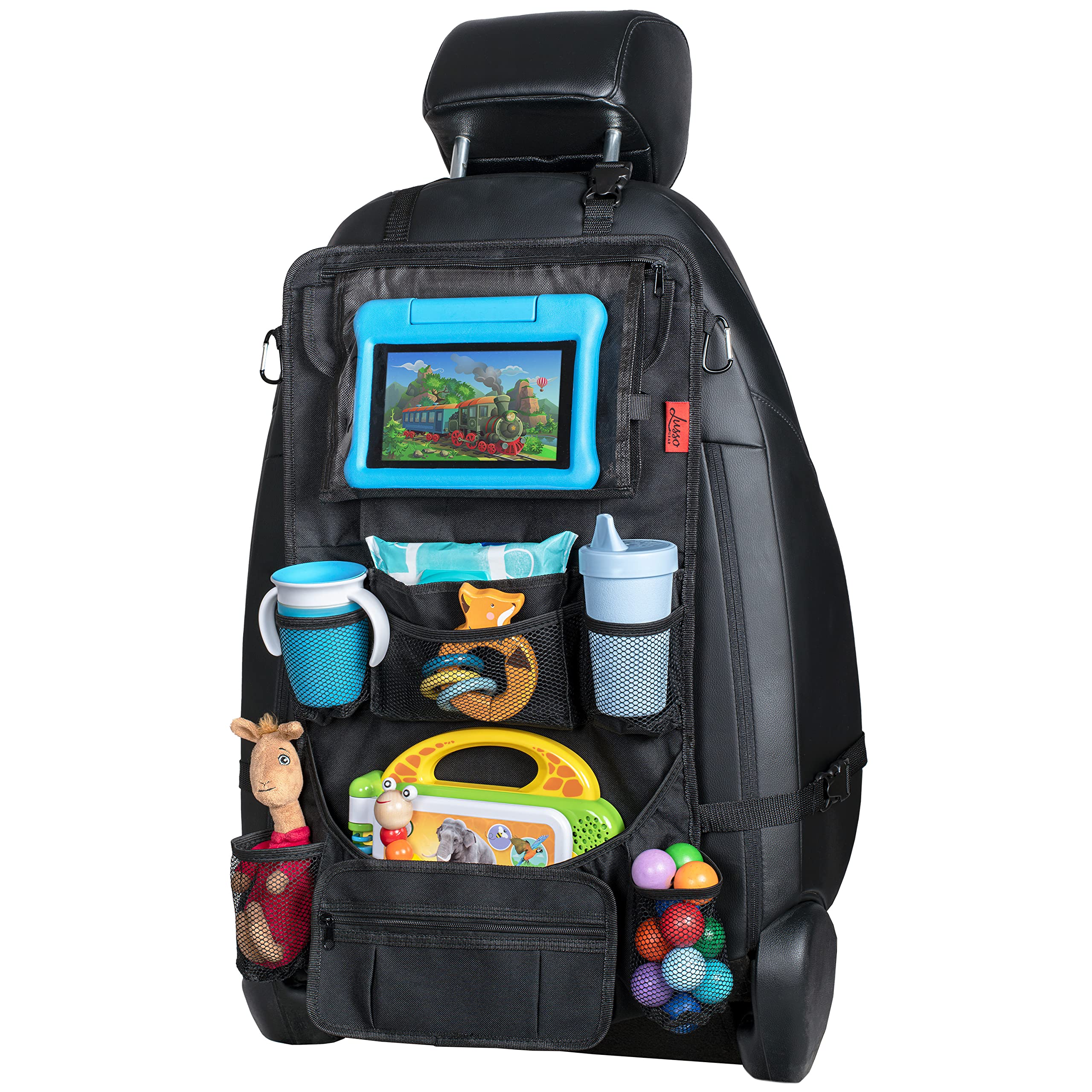 Lusso Gear Kids Travel Tray (Blue) + Heavy Duty Car Seat Organizer (Black), Extra Large for Protection, Sag Proof & Reinforced Corners, Protects iPad & Backseat, 12 Versatile Car Seat Organizer Storag