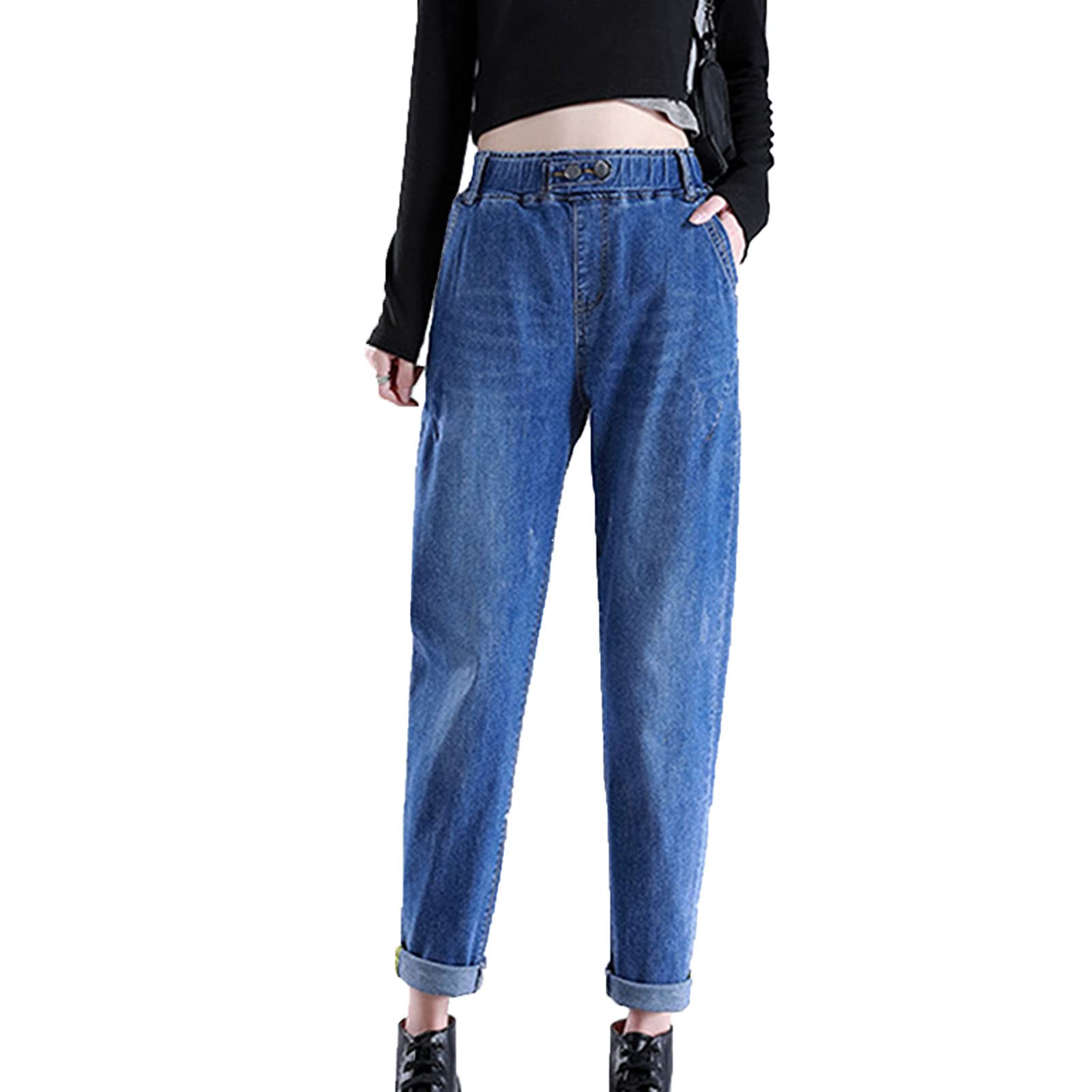 Maiyifu-GJ Women's Elastic Waist Cropped Jeans Casual Pull-on Baggy Denim Joggers Pants High Waist Boyfriend Slim Fit Jean (Blue,26)