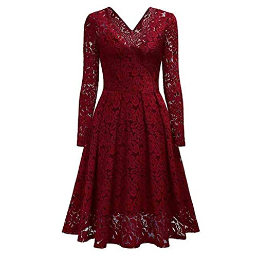 Flower Lace Swing Dress for Women Solid Color Splicing A-Line Dress Long Sleeve Deep V-Neck Loose Midi Dress