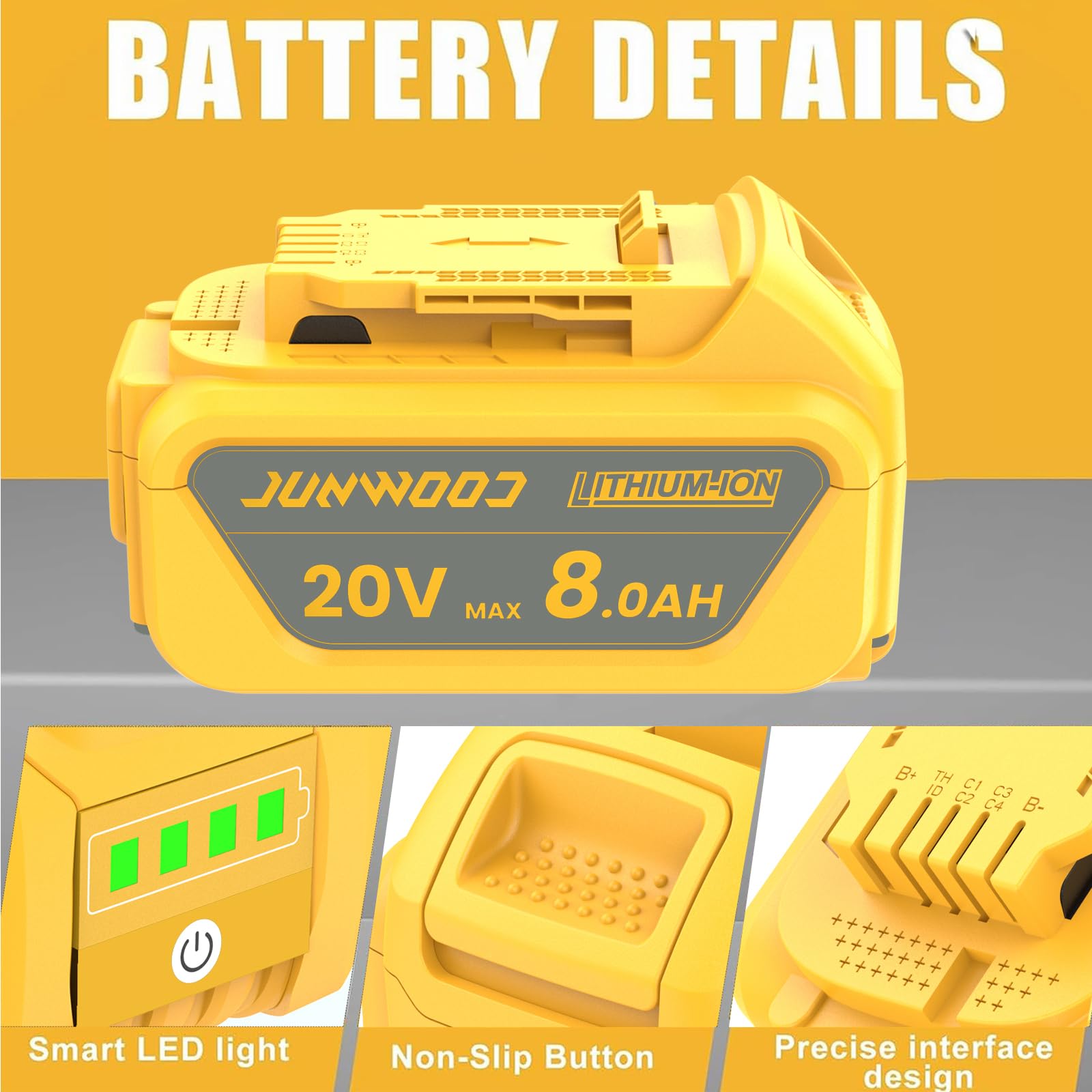 JUNWOOD 2Pack 8.0Ah Lithium Replacement for Dewalt 20V Battery Max XR Cordless Tools DCB180 DCB205 DCB206 DCB206-2 DCB200 DCB204 DCB204BT-2 DCB203 DCB201 DCB207