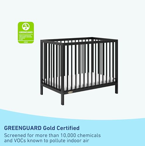 Graco Teddi 4-in-1 Convertible Mini Crib with Bonus Water-Resistant Mattress (Black) β GREENGUARD Gold Certified, 2.75-Inch Mattress Included, Convenient Size, Easy 30-Minute Assembly