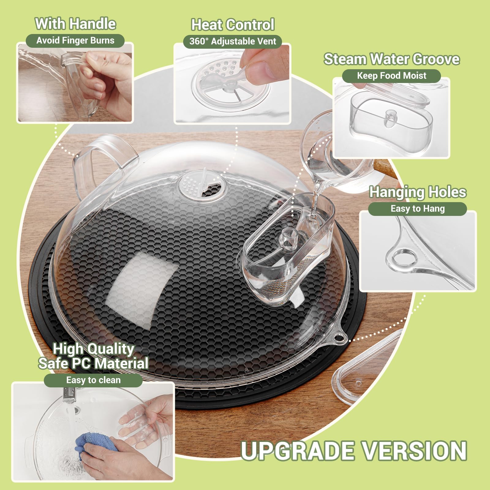 MAGJIUKE Microwave Splatter Cover for Food, Clear Microwave Lid with Water Steamer, Integrated Handle, Splatter Guard, 10” Plate Covers & 12" Mat, BPA-Free, Essential Kitchen Gadgets and Accessories