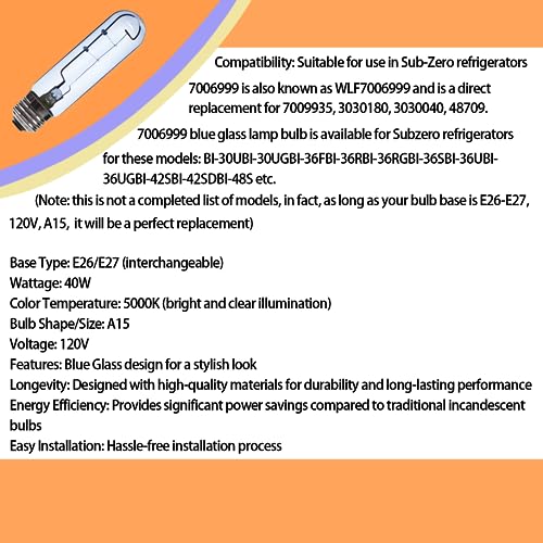 supeiqality 2023 Upgrade 7006999 Blue Glass Lamp Bulb Replacement for E26 40W Freezer Refrigerator Light Bulb Compatible Sub-Zero Refrigerator - 2-Year Warranty(4 Pack)
