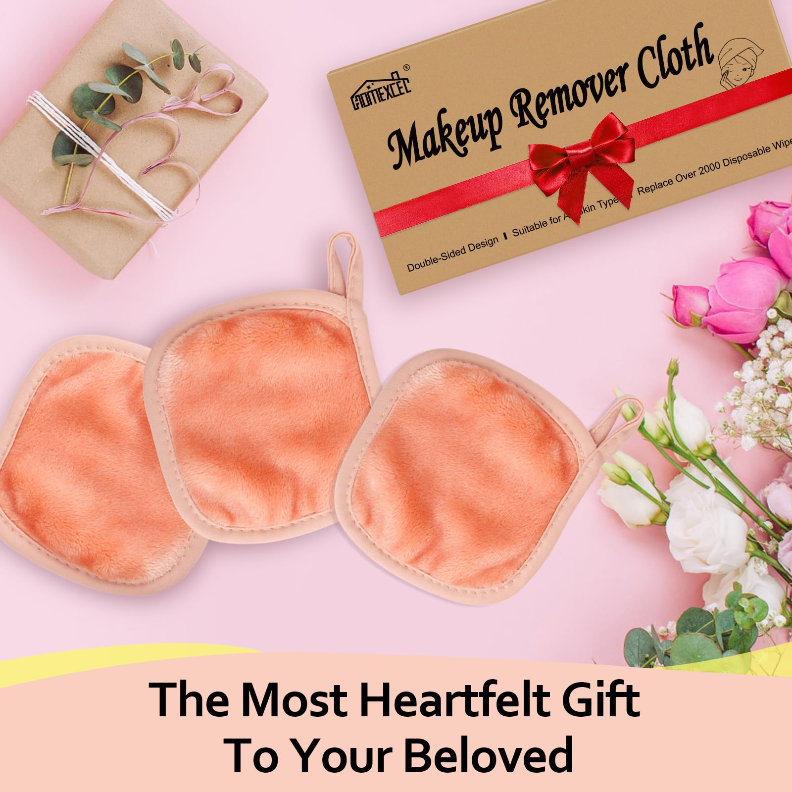HOMEXCEL Makeup Remover Cloth 12 Pack, Reusable Makeup Remover Pads, Washable Ultra Soft Facial Cleansing Cloths For All Skin Types, 5 X 5 In, Pink