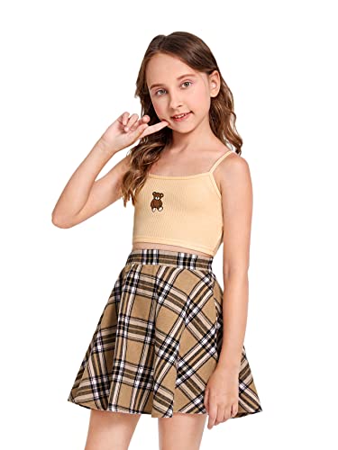 WDIRARA Girl's 2 Piece Cute Outfits Cartoon Print Cami Top and Plaid Skirt Set Multicolored 11-12Y