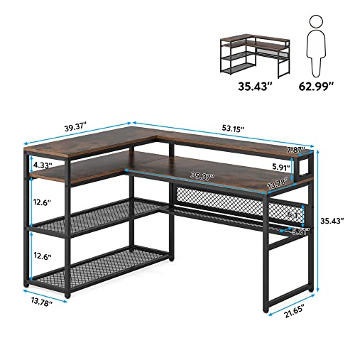 Tribesigns L-Shaped Computer Desk with Monitor Shelf Stand, L Shaped Corner Desks with Large Wood Desktop Industrial Heavy Duty Metal Frame Storage Shelves for Office Home, Rustic Brown Black
