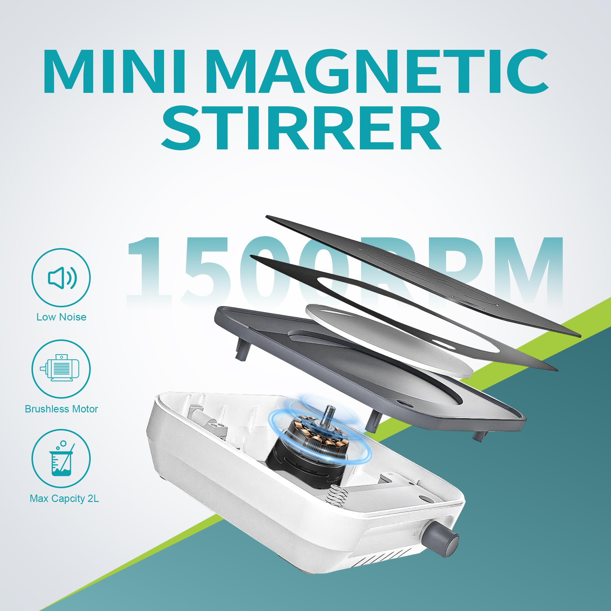 Magnetic Stirrer 300-1500rpm Portable Mini Magnetic Stir Plate with Stirring Bar, 2000ml Magnetic Mixer NO Heating