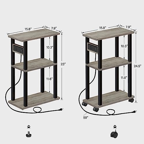 TUTOTAK Small Narrow Side Table with Charging Station, Set of 2 Skinny End Table for Small Spaces, Slim Nightstand with USB Ports and Outlet,Sofa Beside Table with Wheels, Greige TB01BG047