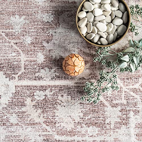 nuLOOM Rosa Machine Washable Distressed Vintage Medallion Area Rug, 6' Round, Light Pink