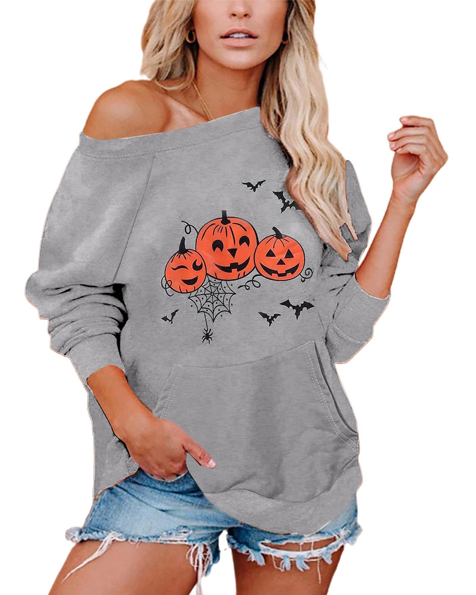 FLOYU Pumpkin Face Sweatshirt Women Halloween Off The Shoulder Tops Fall Pumpkin Pullover Halloween Long Sleeve Clothes