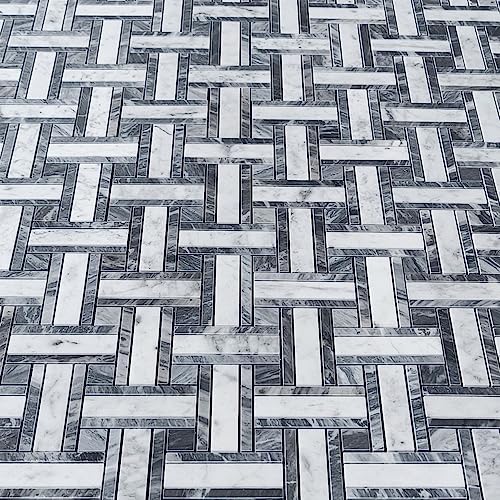 Stone Center Online Carrara White Marble 1 inch Twine Basketweave Mosaic Tile w/Bardiglio Gray Honed Kitchen Bath Wall Floor Backsplash Shower (1 Sheet)