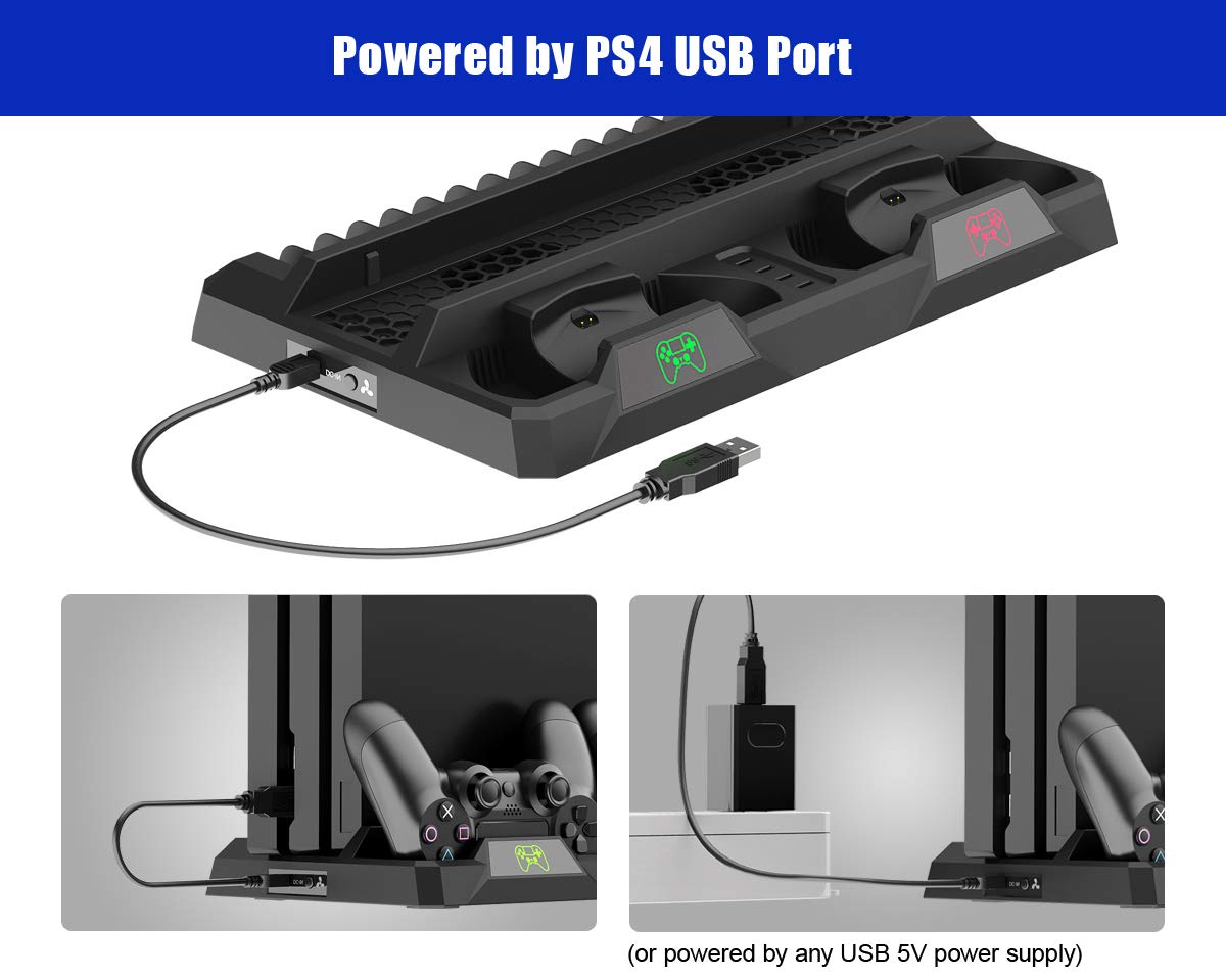 ElecGear Vertical Stand for PS4, Charging Station with Cooling Fan, Charger Dock for DualShock 4 Controller, 16x Games Blu-ray Storage Bracket Accessories Kit for Playstation 4, PS4 Pro, PS4 Slim