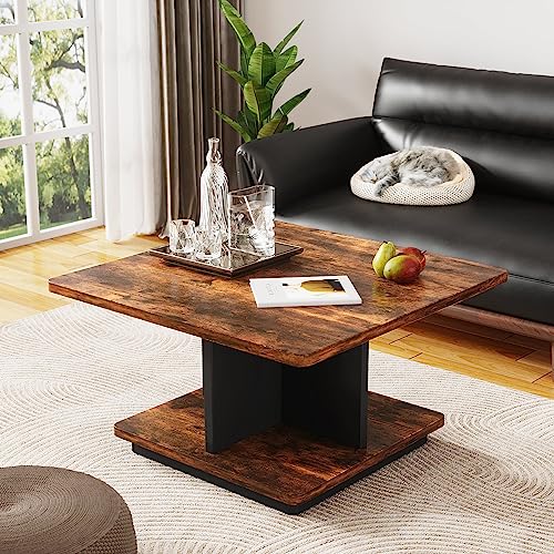 Tribesigns Wood Square Coffee Table: 31.5 Inches 2 Tiers Farmhouse Coffee Table, Wooden Rustic Coffee Table with Storage, Mid Centry Modern Home Furniture for Living Room, Brown