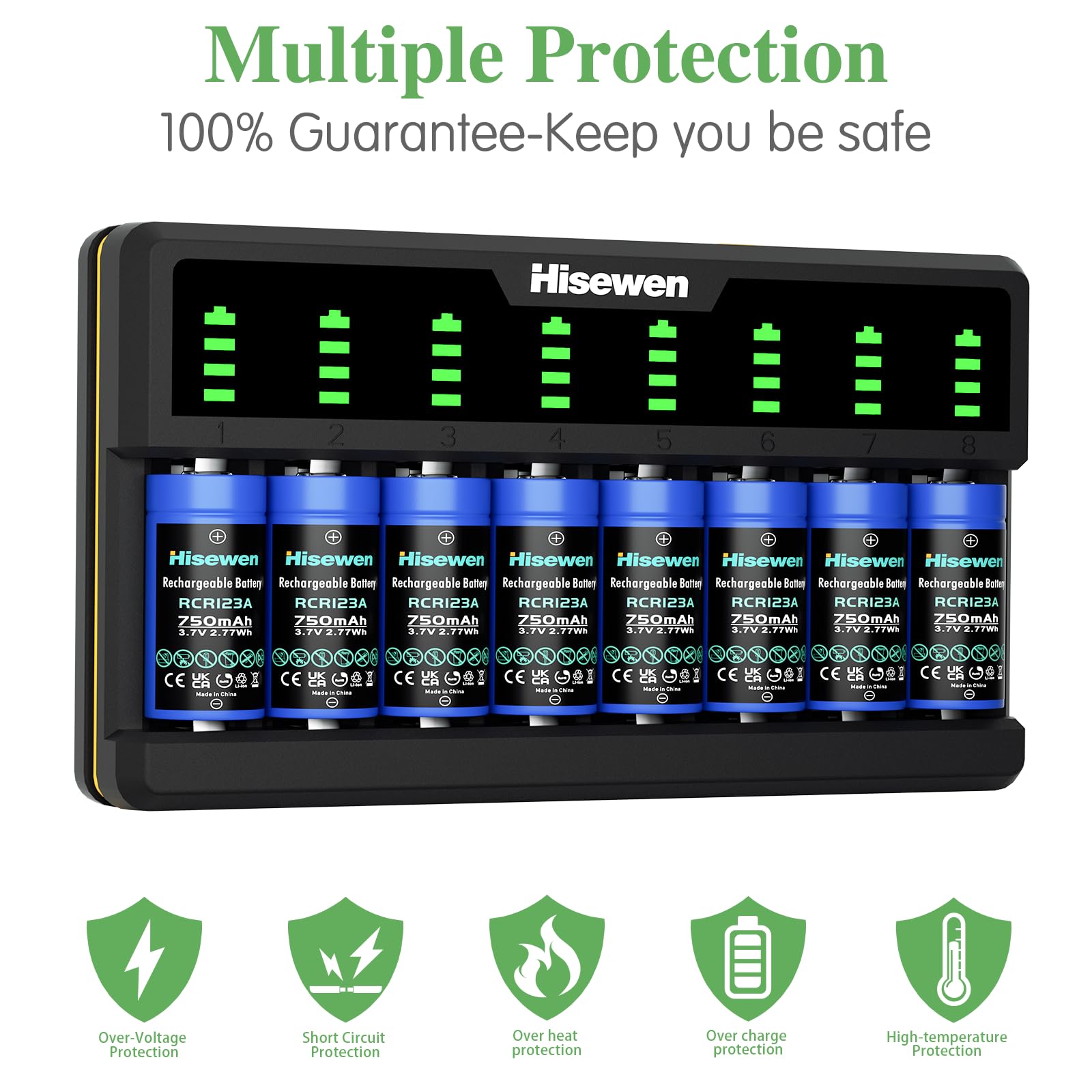 Hisewen 8 Pack CR123A Lithium Batteries, 3.7V 750mAh 123a Rechargeable Batteries with Charger for Arlo Camera VMC3030 VMK3200 VMS3230/3330/3430/3530 & Flashlights & Headlamp