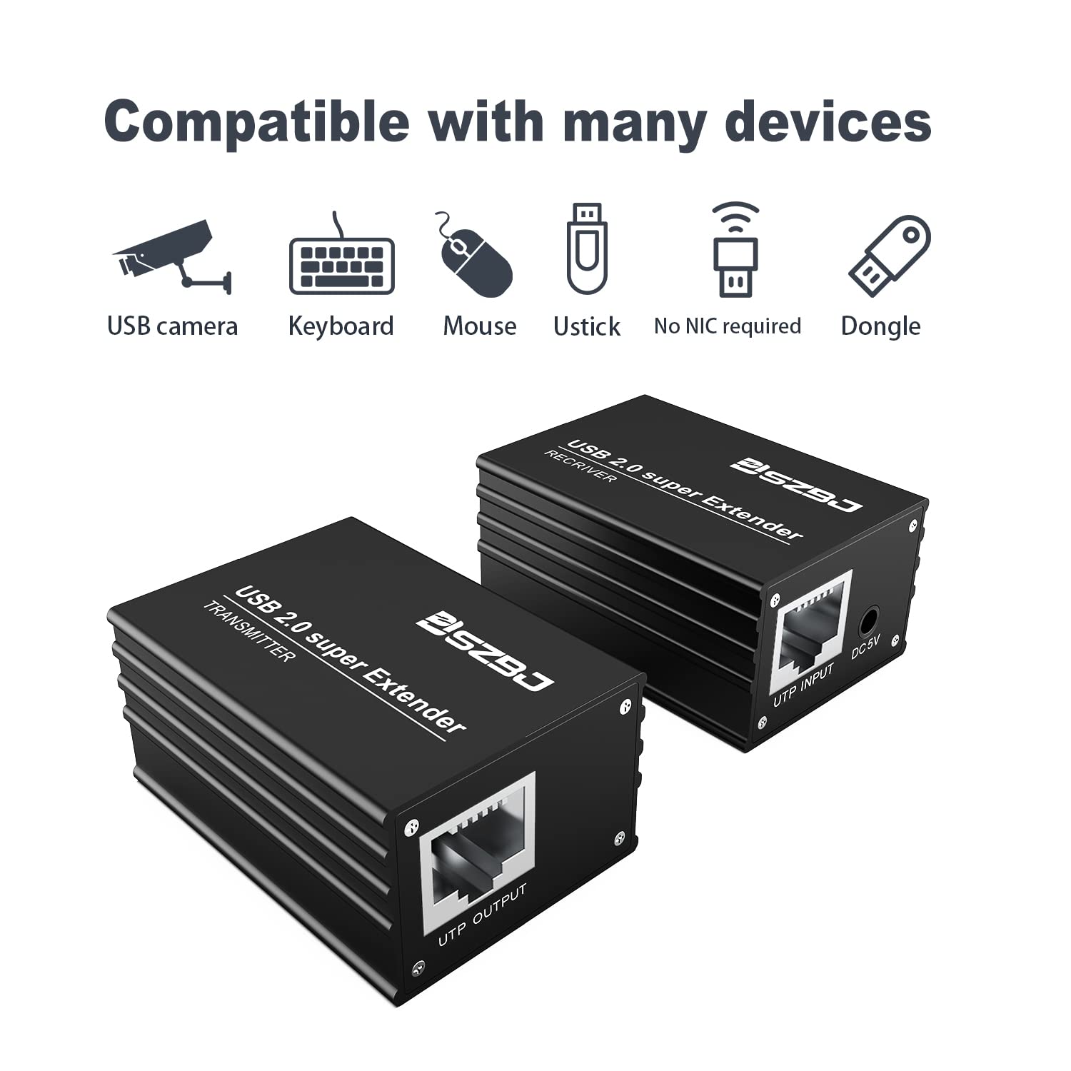 SZBJ USB Extender Over RJ45 Cat5E/6 up to 230ft Ethernet Cable Extender with Power Adapter with 2 USB2.0 Output - Full USB 2.0 Support for Keyboard, Dongle,Mouse, Webcam, and All Operating System 102