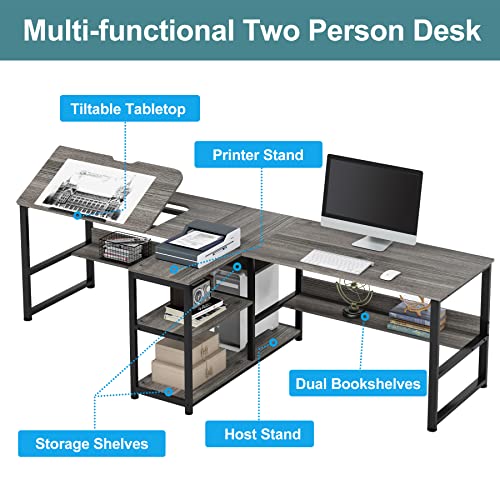 Tribesigns 94.5 inch Two Person Desk with Storage Shelves and Tiltable Tabletop, Double Computer Desk with Printer Shelf, Extra Long Double Workstation Desk Study Table for Home Office (Grey)