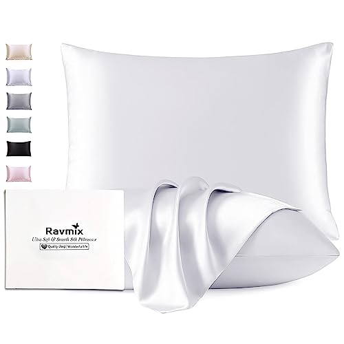 Silk Pillowcase 2 Pack for Hair and Skin, Ravmix Mulberry Silk Pillow Cases Standard Size 20×26inches Set of 2 Cooling Silk Pillow Covers with Hidden Zipper, Pure White