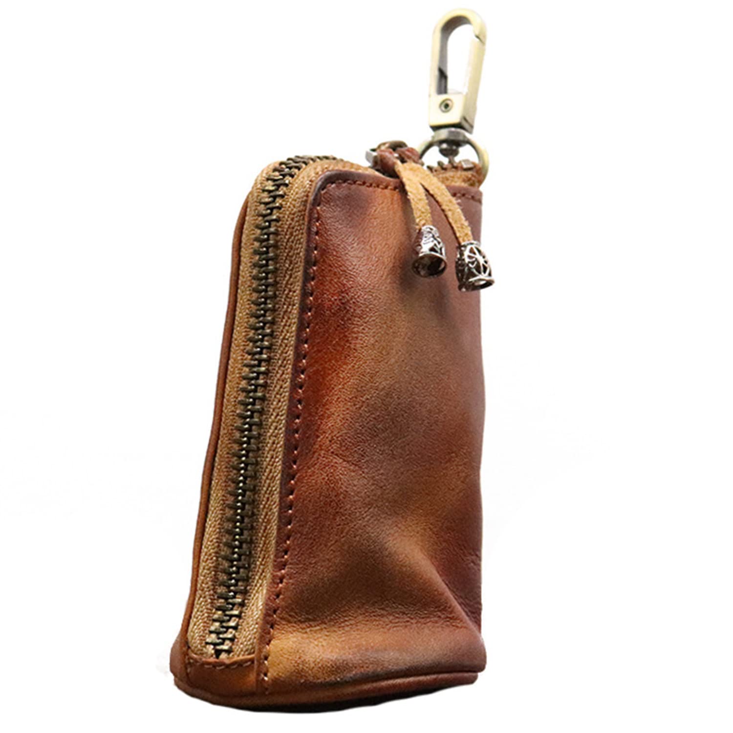 LFWATAXY Medieval Leather Zipper Coin Pouch - Genuine Cowhide, Handcrafted,Coin Organizer, Change Holder,Keychain Coin Purse for Men & Women (Brown)