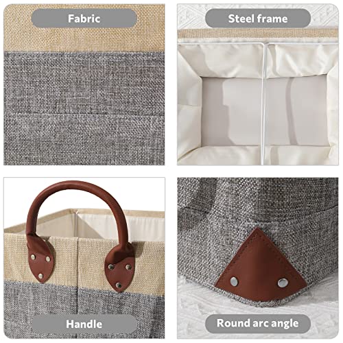 Storage Baskets for Shelves with Metal Frame- Closet Storage bins for Organization Collapsible Rectangle Line Fabric Organizing Boxes with Handles Cubes (16x12x8 inches(2 pack), Gray)
