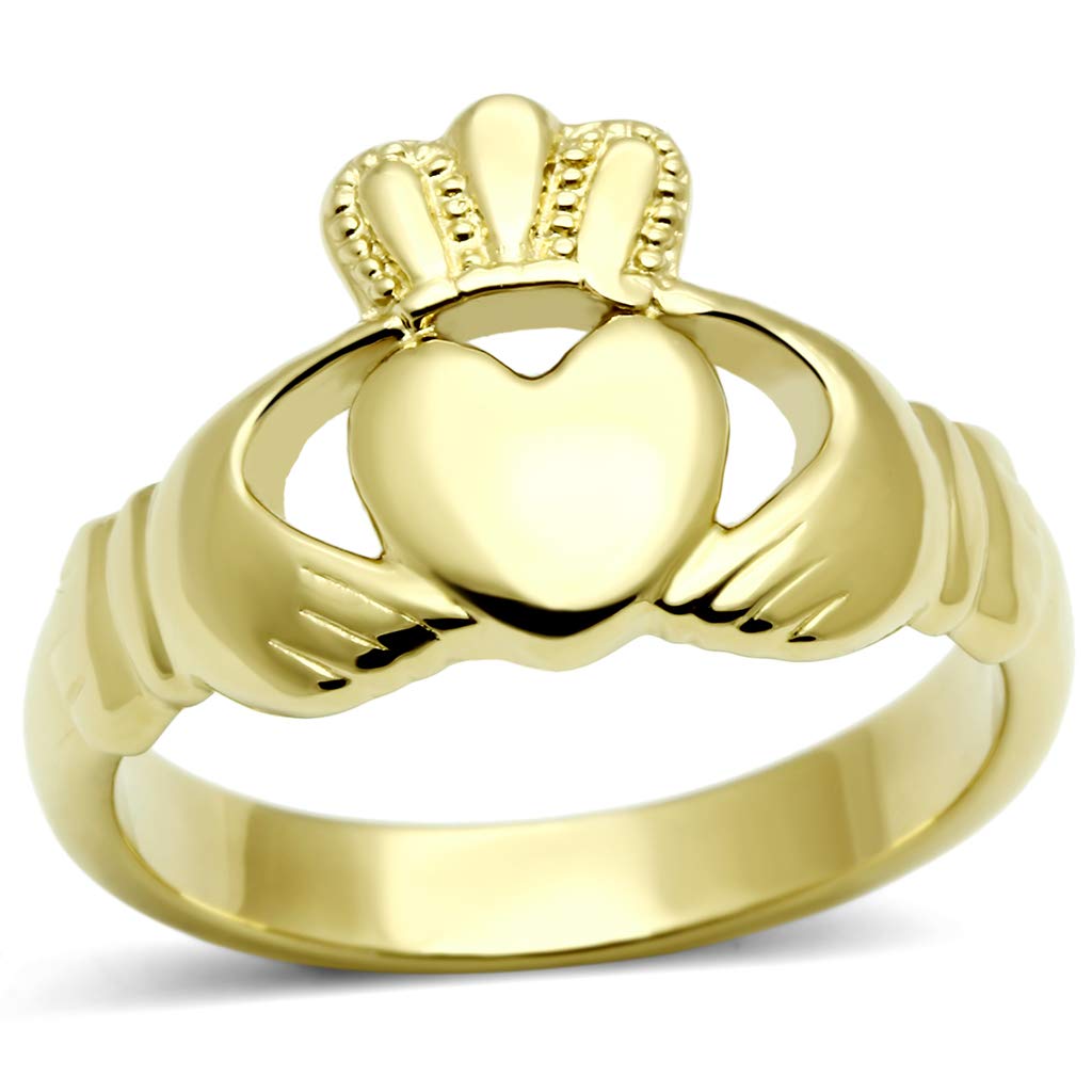 Eternal Sparkles Women's Claddagh Celtic Irish Fashion Comfort Statement Love Ring in 14K Gold Plated Stainless Steel