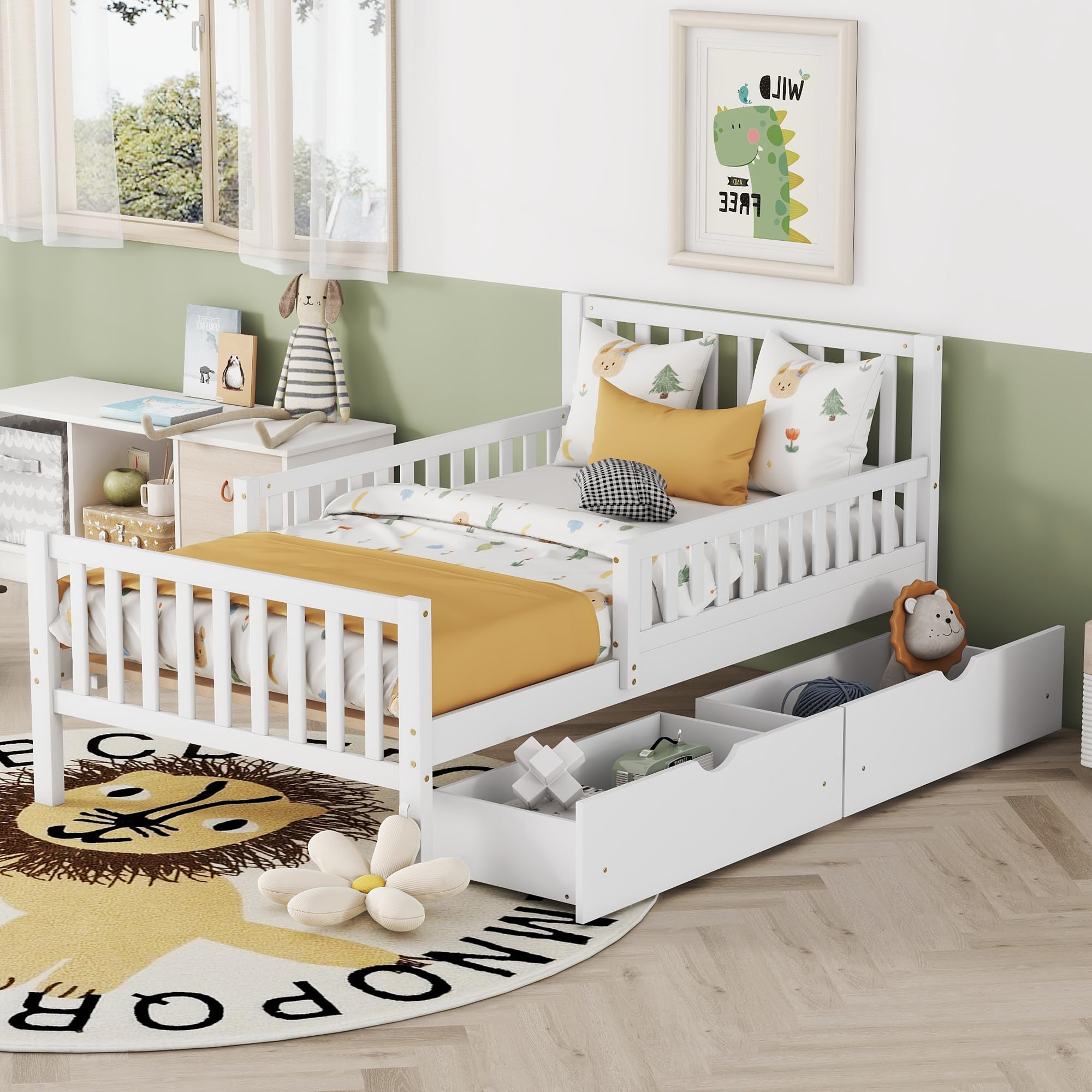 NCKMYB Kids Twin Bed with Guardrails, Low Platform Bed with Headboard and Footboard, White Children Bed Frame with 2 Drawers for Boy Girl