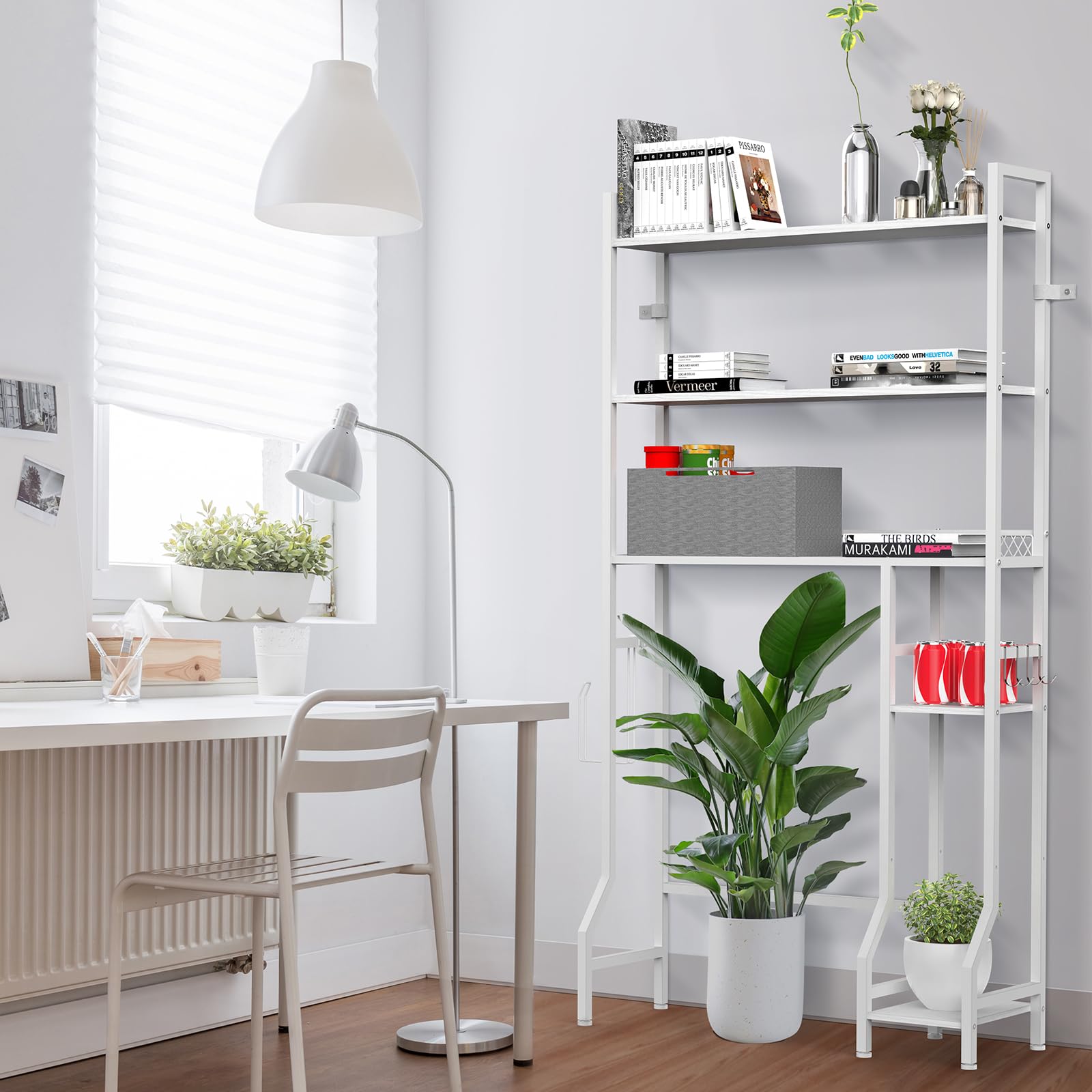 NOVIMANGO Over The Toilet Organizer White, Bathroom Space Saver Over Toilet, 5-Tier Bathroom Over Toilet Storage, Above Toilet Stand with 4 Hooks for Restroom, Laundry