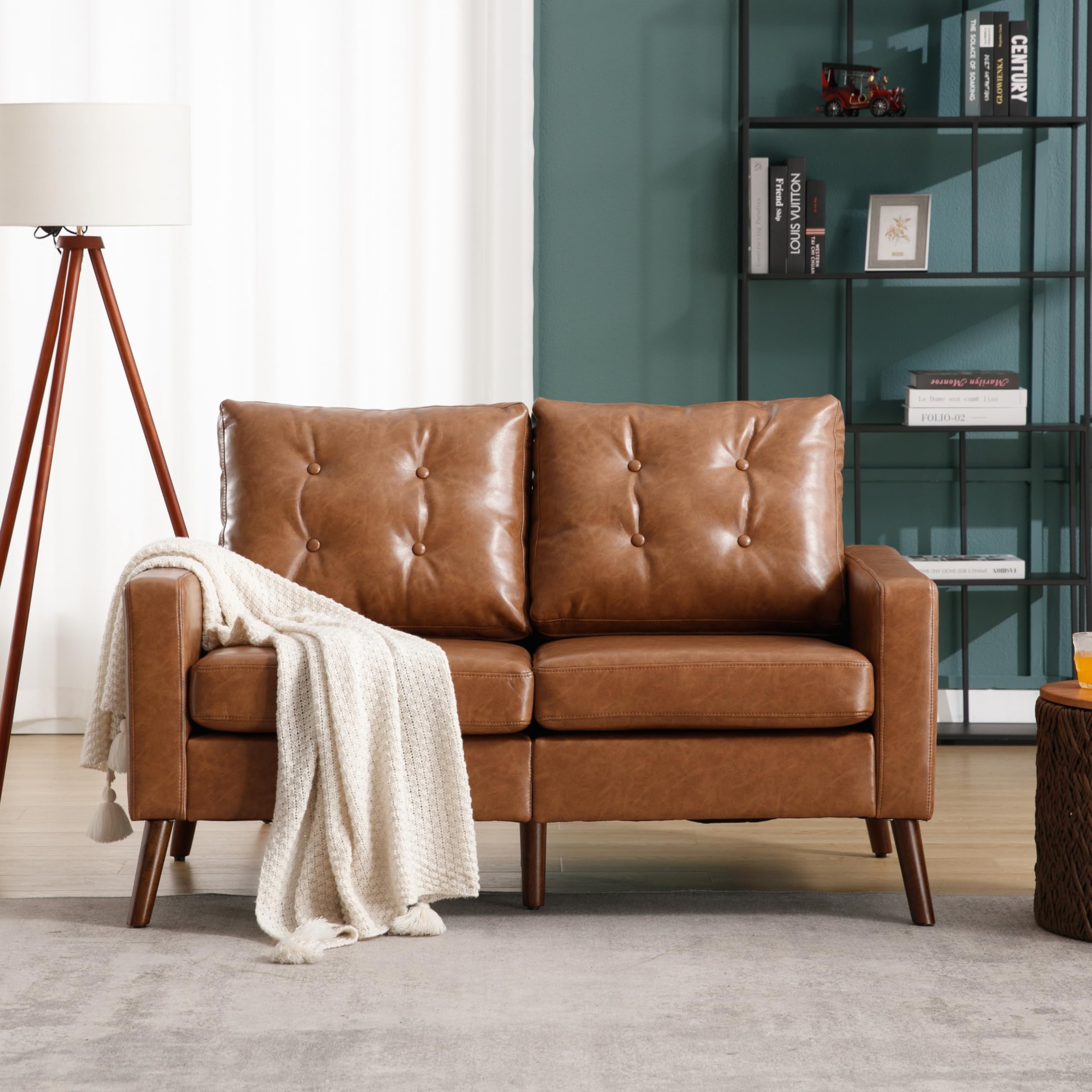 Modern Loveseat Couch Sofa, 53" PU Leather 2 Seat Sofa Couch with Comfy Upholstered Cushions, 2 Seater Button Tufted Sofas with Deep Seat for Small Spaces Living Room, Bedrooms, Apartment, Brown