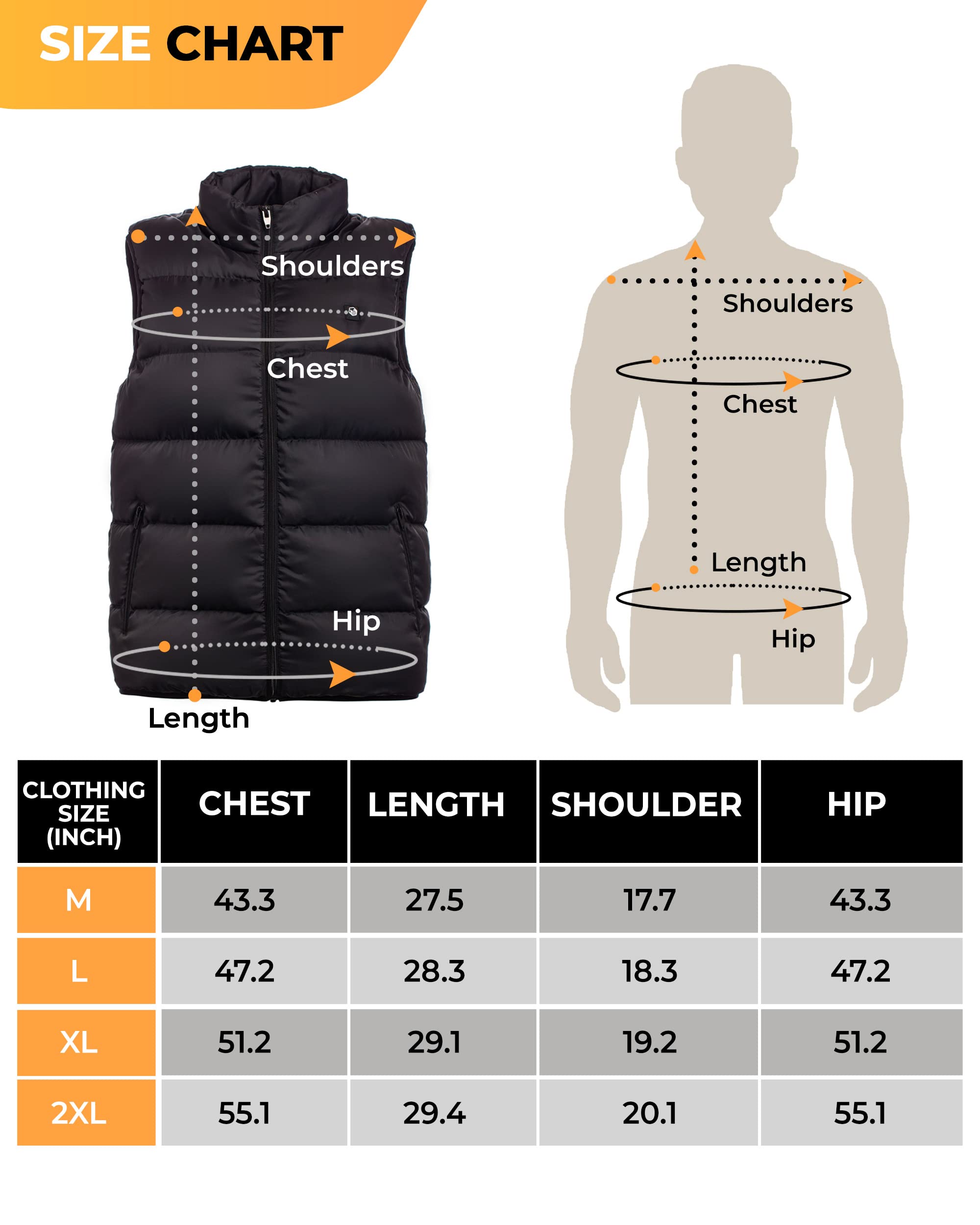 Foxelli Men's Heated Puffer Vest - Lightweight, USB Rechargeable Black Vest for Men, Men’s Winter Outerwear Vest with Battery