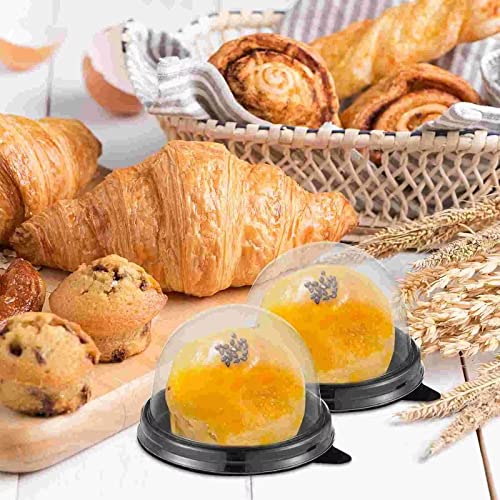 Typutomi 50 Pcs Plastic Mini Cupcake Box, Clear Round Mooncake Dessert Container Box Disposable Cake Cookies Muffins Box with Dome Lid for Wedding Birthday Holiday Parties Gift Box(Black)