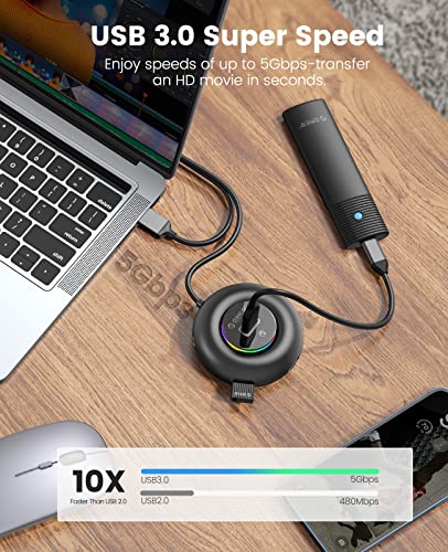 Multi Port USB Splitter, 4 Port USB 3.0 Hub, ORICO USB A Port Data Hub Have RGB Indicators, for Laptop, Computer, Mobile HDD, Flash Drive and Printer, Camera, Key-Borad, Mouse U-Disk etc