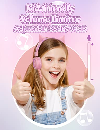 SIMJAR Cat Ear Kids Headphones with Microphone for School, Volume Limiter 85/94dB, Wired Girls Headphones with Foldable Design for Online Learning/Travel/Tablet/iPad (Pink)