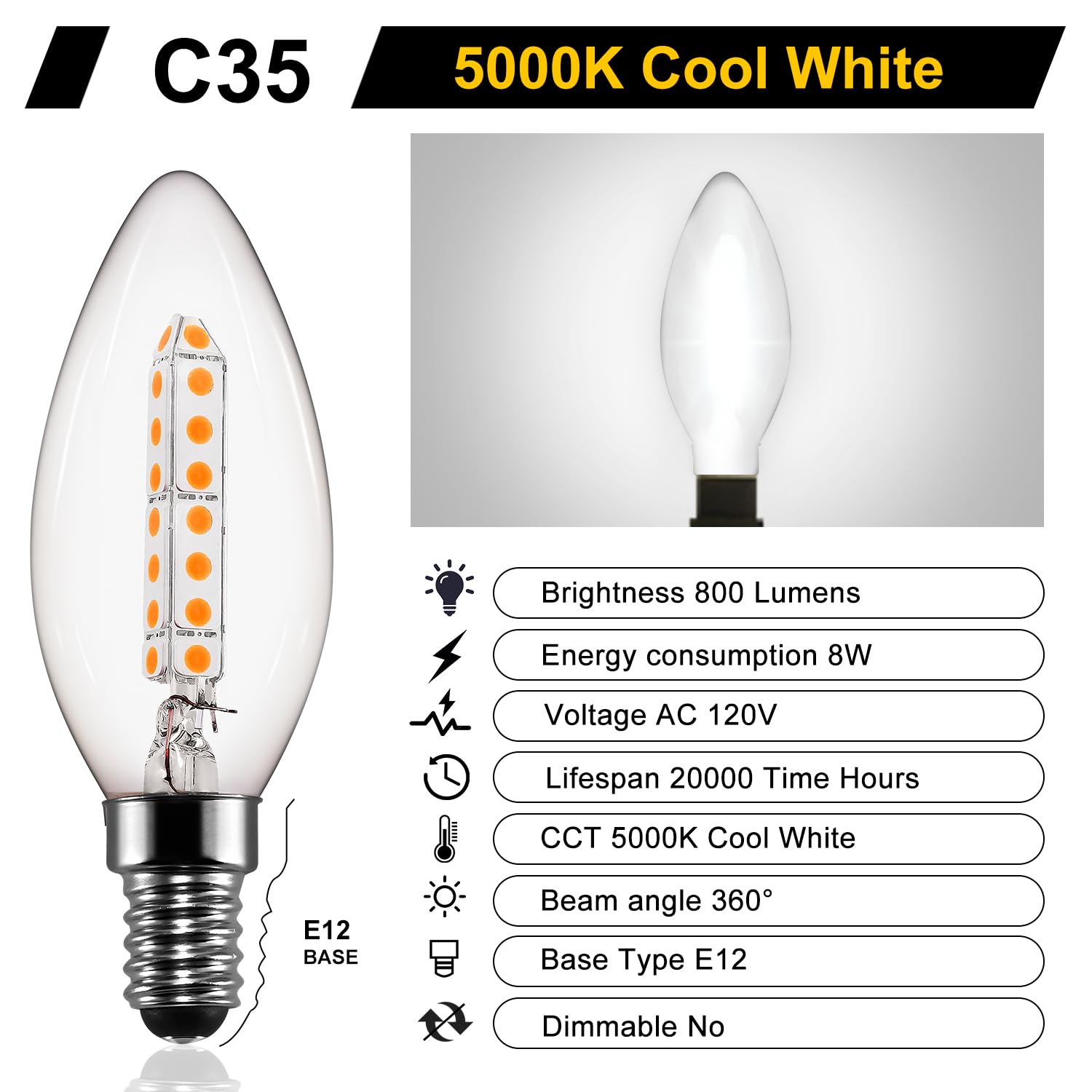 NS Light Bulbs E12 ETL Listed Not Dimmable Candelabra LED Light Bulbs 100W Equivalent,B11 High Brightness Daylight White 5000K,Clear Glass,6 Pack