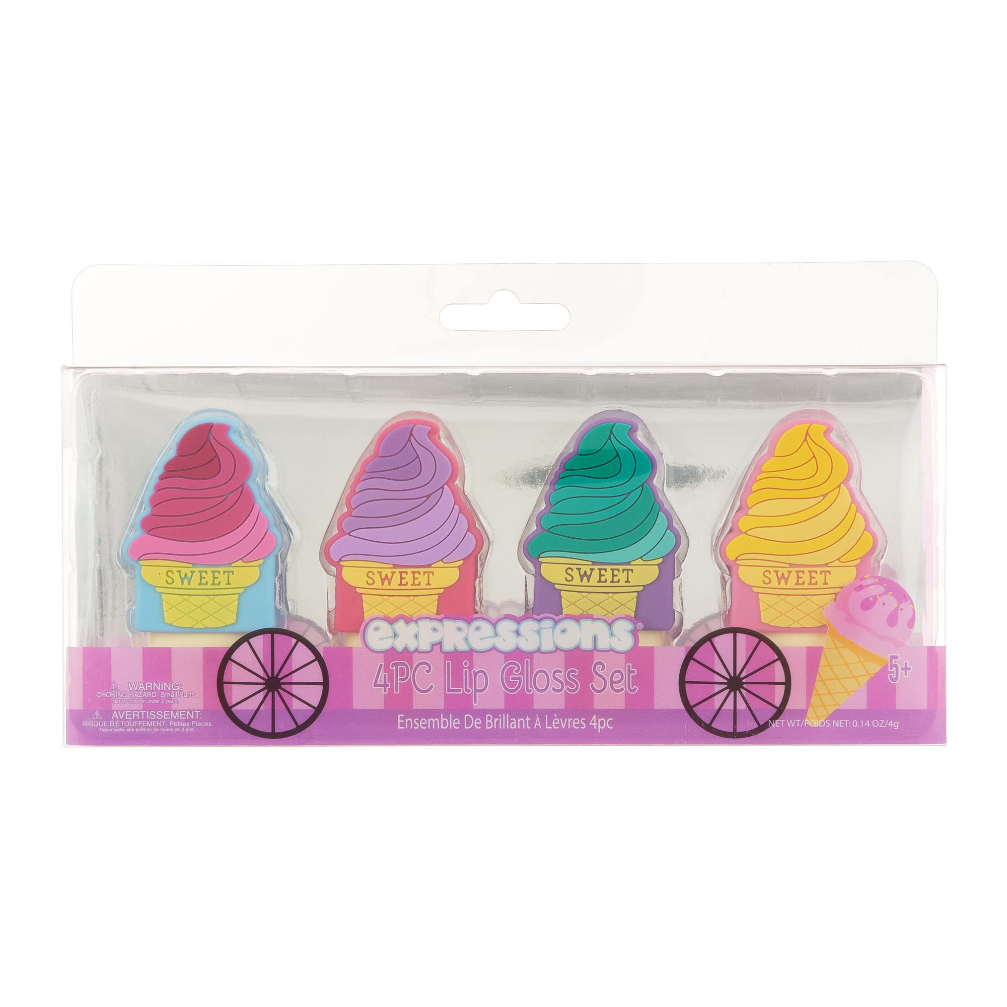 Expressions Girls Cosmetics Sweet Ice Cream Cone Popsicle Lip Gloss Collection - 4PC Set Novelty Butterfly Lip Balms, Multicolor, GG13425