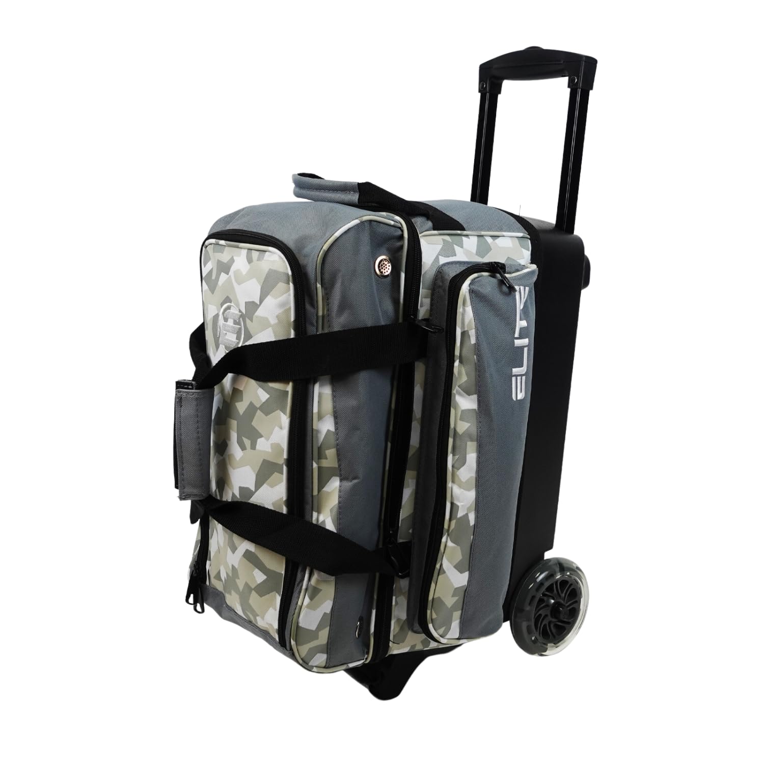 ELITE Deluxe 2 Ball Bowling Bag with 5" smooth wheels, Large Accessory pocket - Separate Compartment holds 1 pair of shoes up to US size 15 men - 36" extendable handle double roller (Grey Camo)