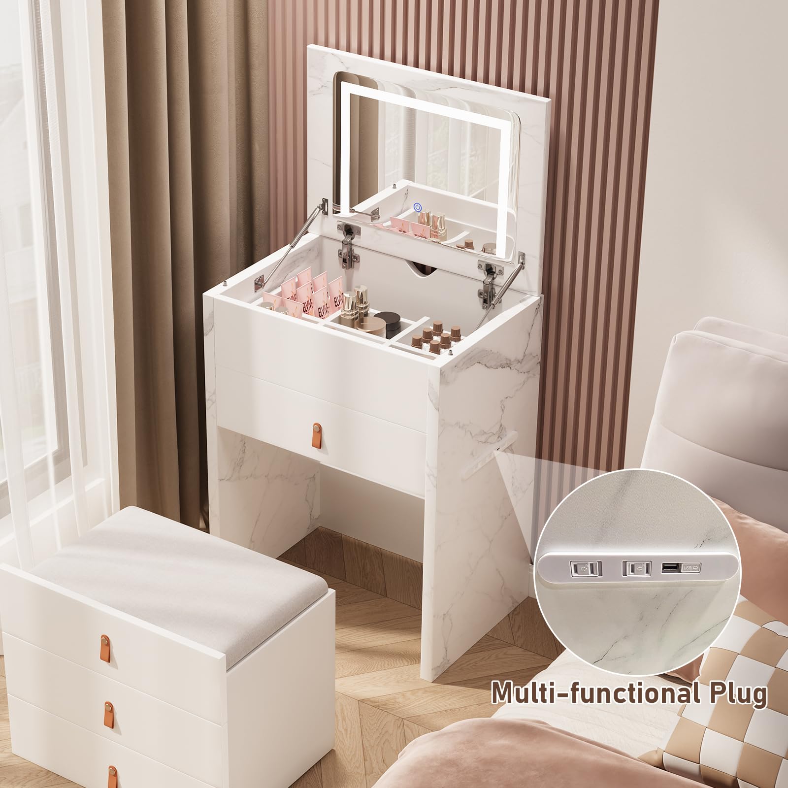 Makeup Vanity Desk with Mirror and Lights, 3-in-1 Vanity Set with 3 Drawers, Small Makeup Vanity with Hidden Stool, Compact Dressing Table Charging Station for Bedroom/Living Room-Beige