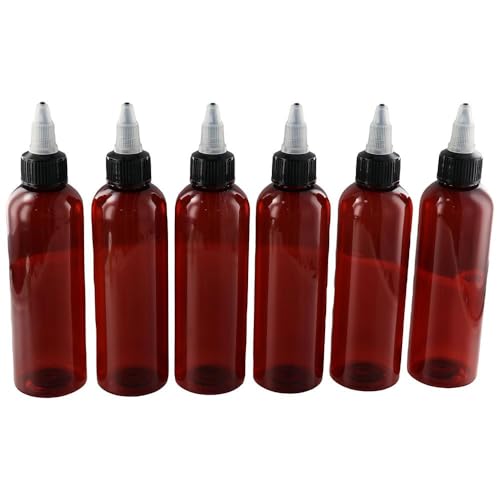 SHUATI 6Pcs 4 oz Refillable Bottles, 120ml Amber Bottle, Dispensing Squeeze Bottles, Empty Plastic Container with Twist Open Cap for Liquids, Oils