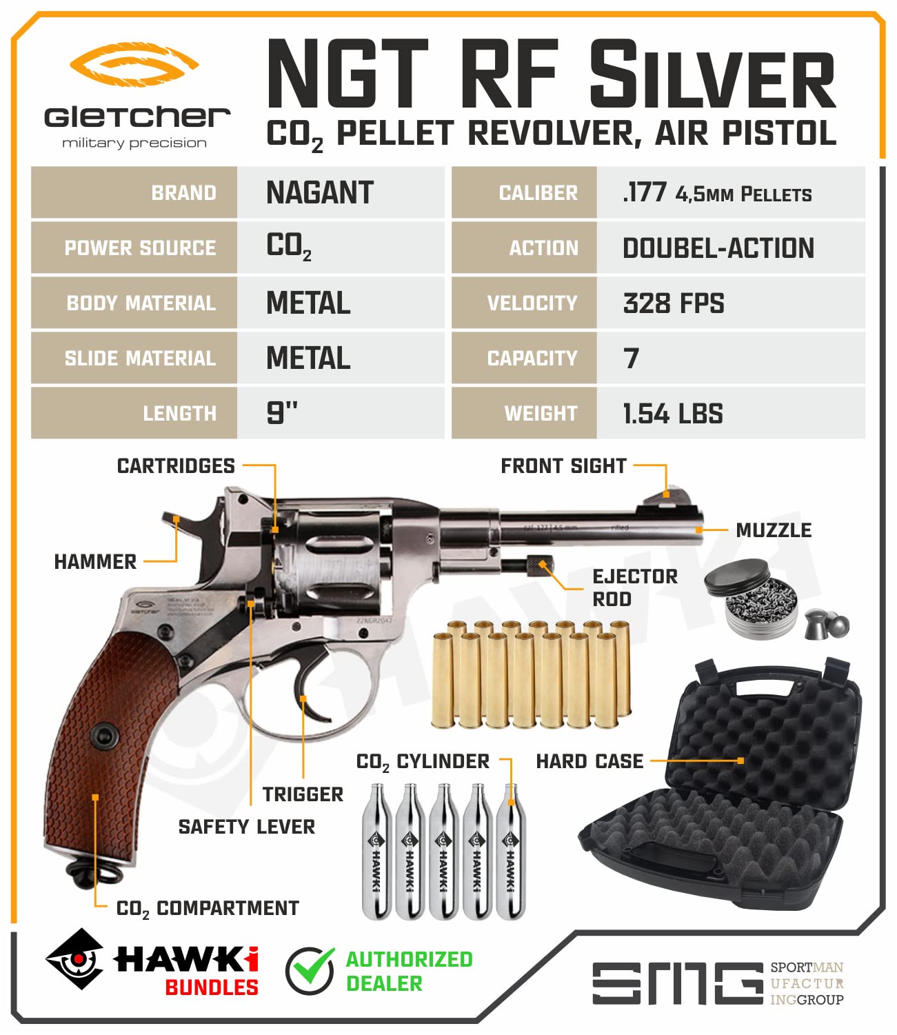 Gletcher NGT RF .177 Cal CO2 Pellet Silver Air Pistol with Safety Lever with Pack of 500x Pellets and 5xCO2 and Hard Case and Extra 7 Capsules Bundle
