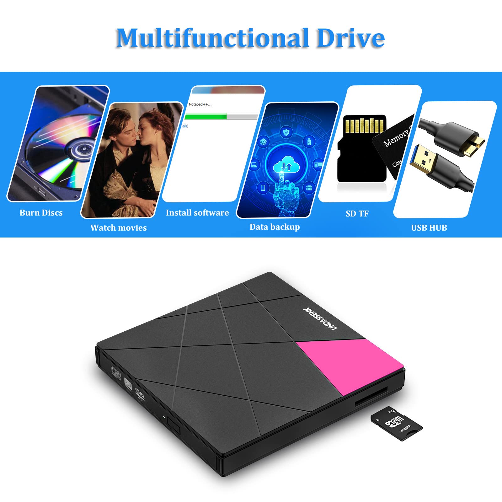 External CD/DVD Drive for Laptop, 6 in1 USB 3.0 Type-C Portable CD/DVD Player Burner, CD ROM Drive Optical Drive, CD/DVD Reader, CD to USB Converter, Compatible with Desktop PC Windows Mac OS