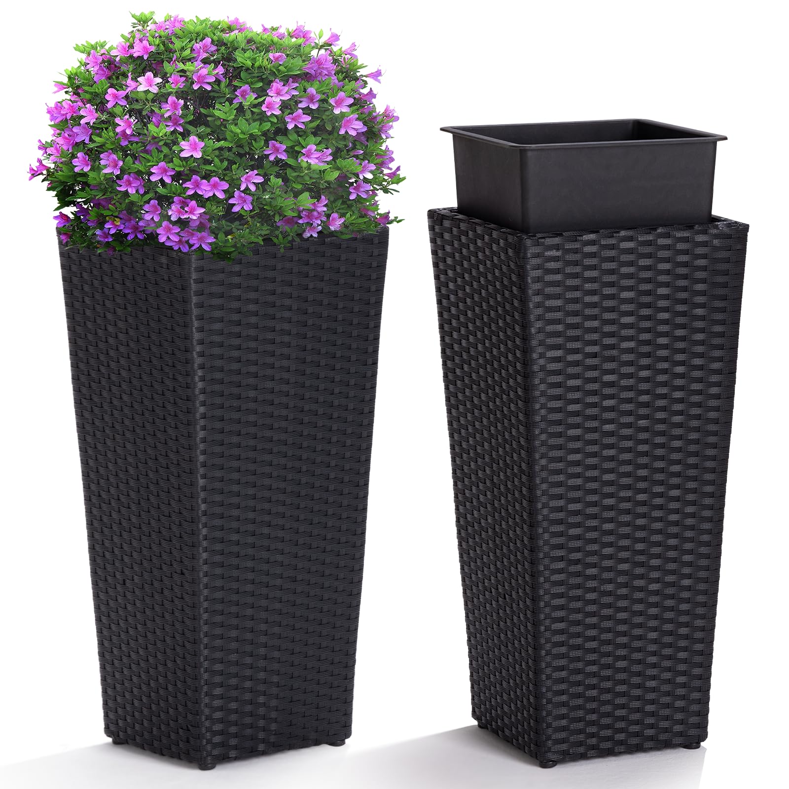 IDZO Wicker All-Weather Planter Set with Liners Tall Plant Decor Box for Outdoors Patio Herb Garden Furnishings - Rectangular Mocha