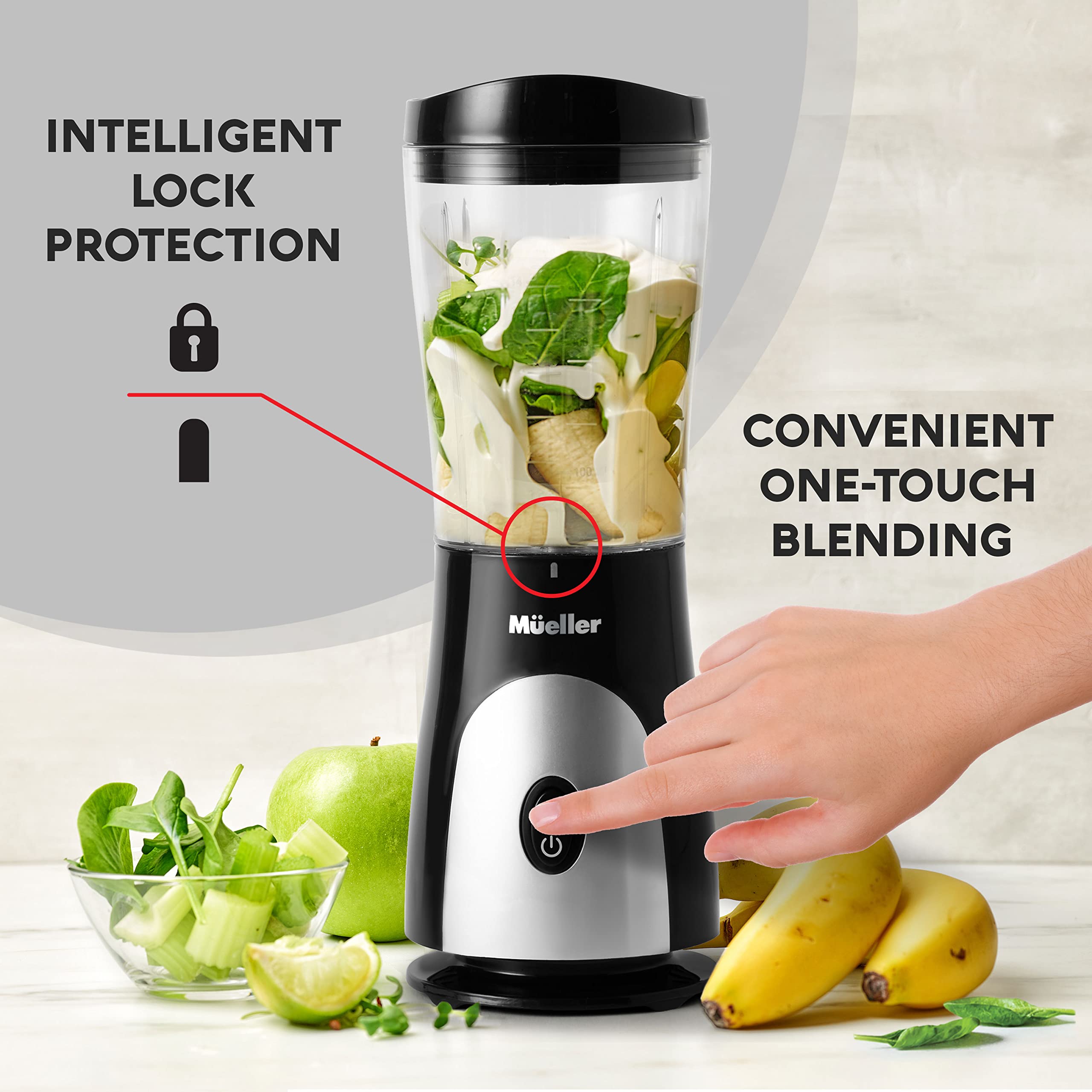 Mueller Personal Blender for Shakes and Smoothies with 15 Oz Travel Cup and Lid, Juices, Baby Food, Heavy-Duty Portable Blender & Food Processor, Black